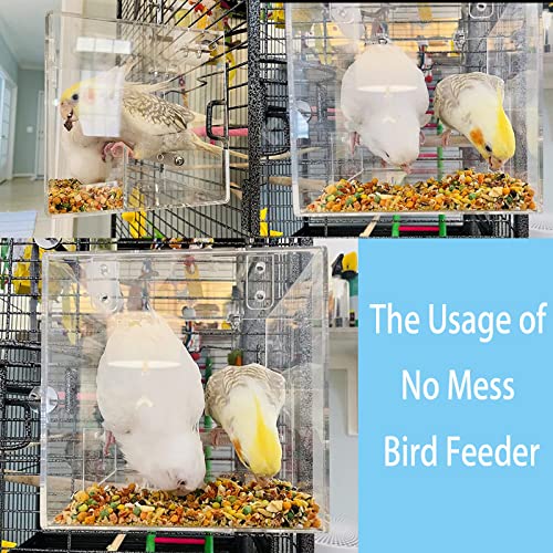 No Mess Bird Feeder, Bird Feeder for Cage, Acrylic Automatic Seed Container Parrot Food Holder Bird Feeder Animal Cage Water Food Holder for Parrot Parakeets