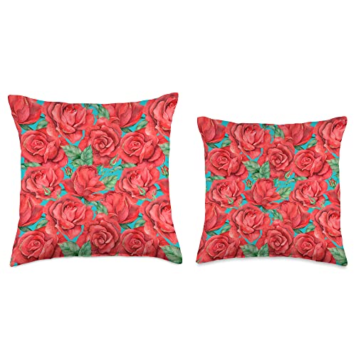 Pioneer Country Farm For Woman Pioneer Country Farm Watercolor Red Rose Turquoise for Woman Throw Pillow, 18x18, Multicolor