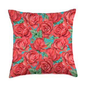 pioneer country farm for woman pioneer country farm watercolor red rose turquoise for woman throw pillow, 18x18, multicolor