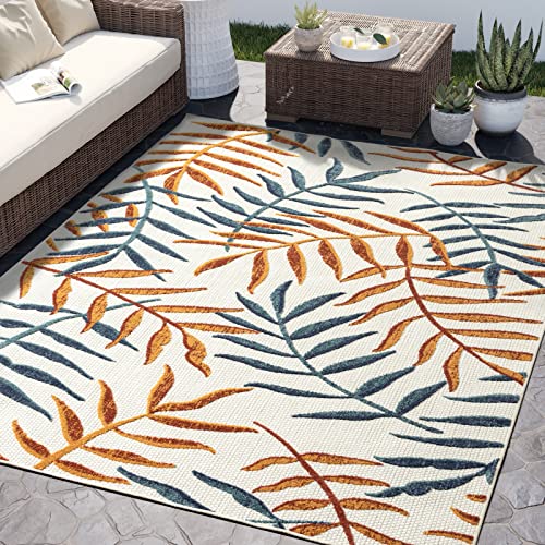 Abani Modern Cream, Red & Blue 5'3" x 7'6" (5x8) Leaf Print Area Rug Rugs - Non-Shedding Indoor/Outdoor Nature Design Bedroom Rug