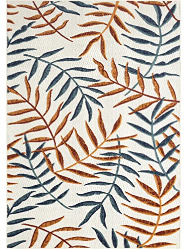 Abani Modern Cream, Red & Blue 5'3" x 7'6" (5x8) Leaf Print Area Rug Rugs - Non-Shedding Indoor/Outdoor Nature Design Bedroom Rug