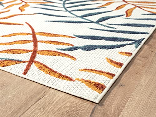 Abani Modern Cream, Red & Blue 5'3" x 7'6" (5x8) Leaf Print Area Rug Rugs - Non-Shedding Indoor/Outdoor Nature Design Bedroom Rug