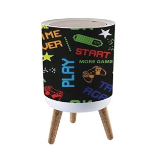 trash can with lid seamless abstract in pixel game style with dice words for boys press cover small garbage bin round with wooden legs waste basket for bathroom kitchen bedroom 7l/1.8 gallon