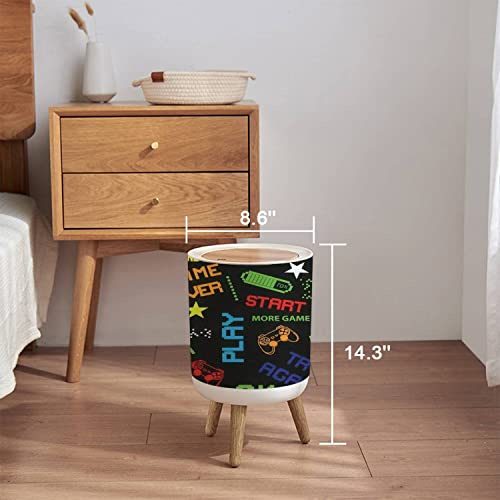 Trash Can with Lid seamless abstract in pixel game style With dice words for boys Press Cover Small Garbage Bin Round with Wooden Legs Waste Basket for Bathroom Kitchen Bedroom 7L/1.8 Gallon