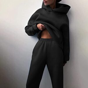 Hemlock Women 2 Piece Outfit Set Solid Color Tracksuit Fall Winter Sweatsuit Women Tops Hood Pullover Long Pants Lounge Wear