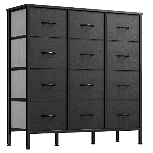 YITAHOME Tall Dresser with 12 Drawers - Fabric Storage Tower, Organizer Unit for Bedroom, Living Room, Hallway, Closets & Nursery - Sturdy Steel Frame, Wooden Top & Easy Pull Fabric Bins (Black Gray)