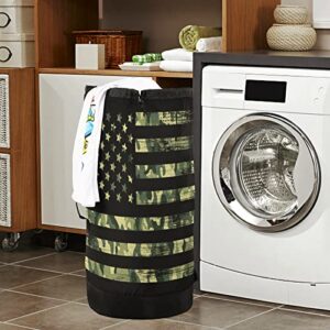 One Bear Camo American Flag Laundry Bag Drawstring Closure Waterproof Durable Backpack Storage Basket Organization Dirty Clothes Bag Laundry Hamper with Shoulder Straps