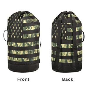 One Bear Camo American Flag Laundry Bag Drawstring Closure Waterproof Durable Backpack Storage Basket Organization Dirty Clothes Bag Laundry Hamper with Shoulder Straps