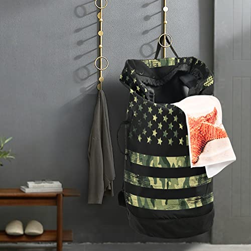 One Bear Camo American Flag Laundry Bag Drawstring Closure Waterproof Durable Backpack Storage Basket Organization Dirty Clothes Bag Laundry Hamper with Shoulder Straps