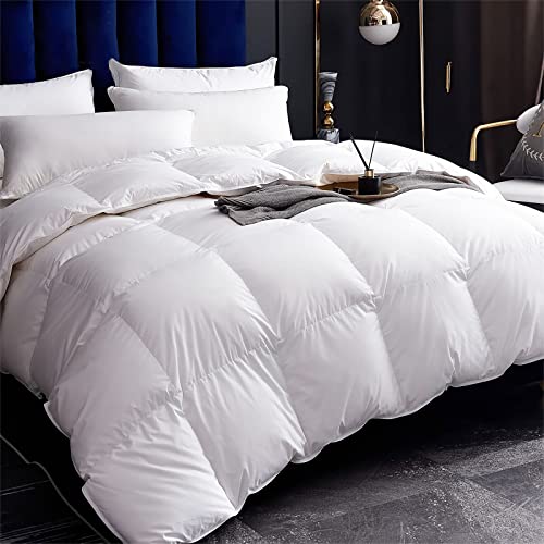 Feather Down Comforter Queen Size, All Seasons Duvet Insert, 100% Egyptian Cotton Fabric, Ultra-Soft Premium 750 Fill Power Feathers/Down Blend Full/Queen Bed Comforter, Ivory White, 90x90