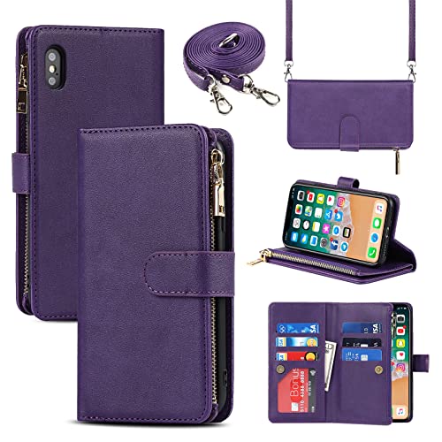 Jaorty iPhone Xs Max Phone Case Wallet for Women Men with Credit Card Holder, iPhone Xs Max Crossbody Case with Strap Shoulder Lanyard, Zipper Pocket PU Leather Cases for iPhone Xs Max,6.5" Purple