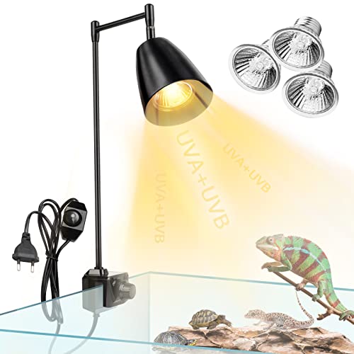 Terrarium Heat Lamp for Reptiles Tortoise, 3 Bulb UVA UVB Light Basking Lamps, Aquarium Heat Spotlight Reptile Light Basking Light With Holder for Gecko Turtle Snake Lizards Amphibian E26 25W+50W