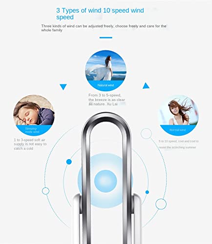 Leafless fan can be remotely controlled, touch screen, children's safety, leafless fan, floor fan, table fan, air volume, quiet, soft, cool, wind speed is adjustable in ten gears (White&Silver)