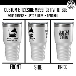 Personalized 30oz (17 Colors) Printed Insulated Stainless Steel Powder Coated Tumbler with Lid - Custom Promotional Items with your Logo - Bulk Company Small Business Party Favors (White)