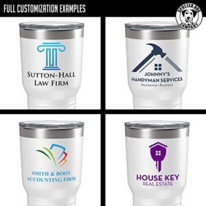 Personalized 30oz (17 Colors) Printed Insulated Stainless Steel Powder Coated Tumbler with Lid - Custom Promotional Items with your Logo - Bulk Company Small Business Party Favors (White)