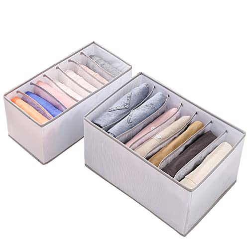 Wardrobe Clothes Organizer (2pcs), Foldable Grid Storage Box with Multiple Layers, Portable Washable Storage Containers for Underwear, Socks, Scarves, Skirts, T-shirts, Jeans(Grey, Sturdy PP Board)