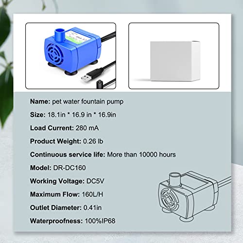 Cat Water Fountain Pump, Cirfifth Replacement Pump for Cat Fountain[DR-DC 160], Compatible with Multiple Pet Fountain