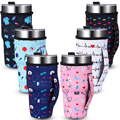 6 Pcs Nurses Appreciation Gifts Reusable Iced Coffee Cup Sleeve Neoprene Insulated Sleeves Tumbler Cup Drinks Sleeve Holder with Handle for Nurse Birthday Graduation Birthday 30 oz Cold Hot Beverages