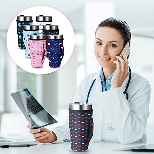 6 Pcs Nurses Appreciation Gifts Reusable Iced Coffee Cup Sleeve Neoprene Insulated Sleeves Tumbler Cup Drinks Sleeve Holder with Handle for Nurse Birthday Graduation Birthday 30 oz Cold Hot Beverages