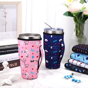 6 Pcs Nurses Appreciation Gifts Reusable Iced Coffee Cup Sleeve Neoprene Insulated Sleeves Tumbler Cup Drinks Sleeve Holder with Handle for Nurse Birthday Graduation Birthday 30 oz Cold Hot Beverages