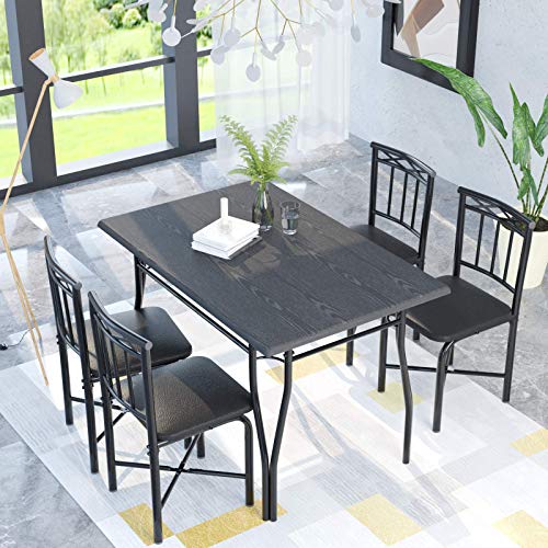 EdMaxwell 5 Piece Dining Table Set for Dining Room, Kitchen Table and Faux Leather Chairs for 4, Metal Legs, Padded Seat, Black Home Furniture