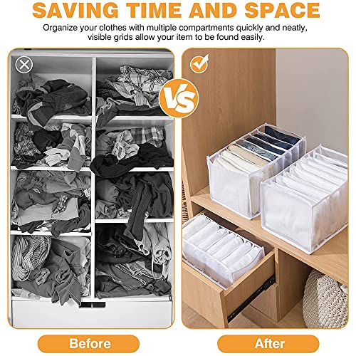 YUANSEN 7 Grids Washable Wardrobe Clothes Organizer, Jeans Compartment Storage Box Foldable Closet Drawer Organizer Mesh Separation for Bedroom, Pants T-Shirt Legging (4PCS Large)