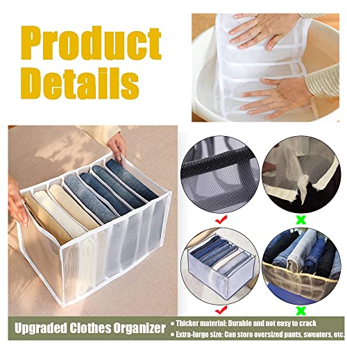 YUANSEN 7 Grids Washable Wardrobe Clothes Organizer, Jeans Compartment Storage Box Foldable Closet Drawer Organizer Mesh Separation for Bedroom, Pants T-Shirt Legging (4PCS Large)