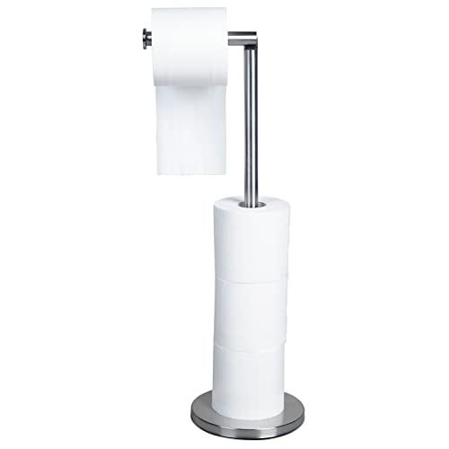 CompactStone Free Standing Toilet Paper Holder Stand, Stainless Steel Tissue Roll Holder Floor Stand Storage for Bathroom, Silver