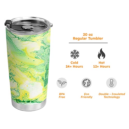 64HYDRO 20oz Coffee Thermos for Women, Inspirational Birthday Gifts for Her, Gifts for Mom Daughter Sister Friends, Abstract Green Yellow Marble Tumbler Cup, Insulated Travel Coffee Mug with Lid