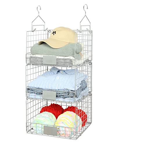 Sonyabecca 3 Tier Foldable Closet Hanging Organizer with Name Plate 5 S Hooks, Wall Mount&Cabinet Wire Storage Basket Bins, for Clothing Sweaters Shoes Handbags Clutches-Silver