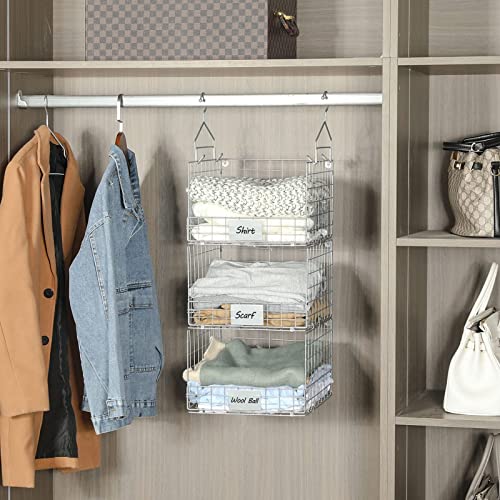 Sonyabecca 3 Tier Foldable Closet Hanging Organizer with Name Plate 5 S Hooks, Wall Mount&Cabinet Wire Storage Basket Bins, for Clothing Sweaters Shoes Handbags Clutches-Silver