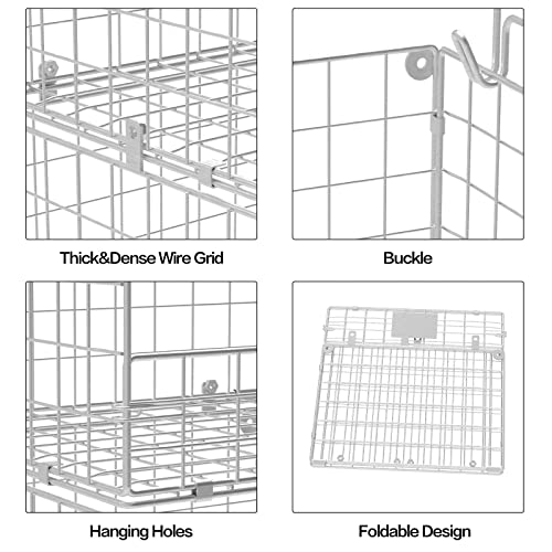 Sonyabecca 3 Tier Foldable Closet Hanging Organizer with Name Plate 5 S Hooks, Wall Mount&Cabinet Wire Storage Basket Bins, for Clothing Sweaters Shoes Handbags Clutches-Silver