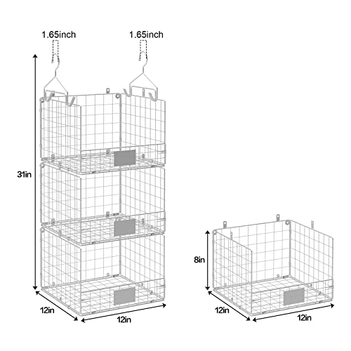 Sonyabecca 3 Tier Foldable Closet Hanging Organizer with Name Plate 5 S Hooks, Wall Mount&Cabinet Wire Storage Basket Bins, for Clothing Sweaters Shoes Handbags Clutches-Silver