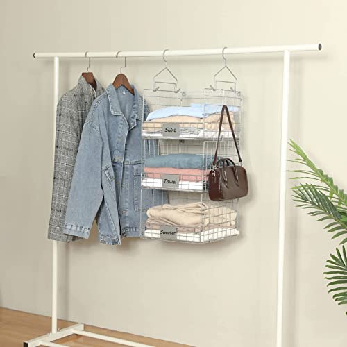 Sonyabecca 3 Tier Foldable Closet Hanging Organizer with Name Plate 5 S Hooks, Wall Mount&Cabinet Wire Storage Basket Bins, for Clothing Sweaters Shoes Handbags Clutches-Silver