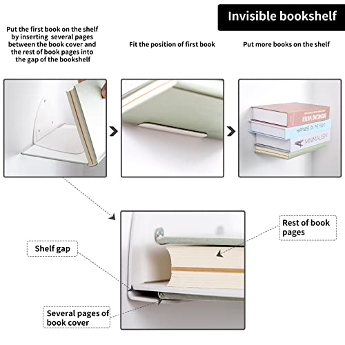 BAZASAX Invisible Floating Bookshelves, Floating Bookshelf for Wall, Heavy Duty Book Organizer, Metal Rustproof Hanging Book Shelves, Wall Mounted Book Shelf for Bedroom Bathroom Kitchen