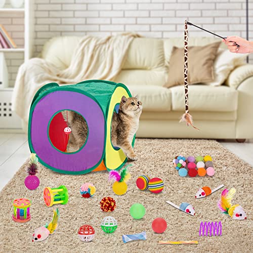 Retro Shaw Cat Toys Set, Interactive Cat Kitten Toys for Indoor Cats Kitty with Collapsible Cat Play Tunnel Tube Tent Cat Feather Wand Teaser Cat Bell Fuzzy Ball Springs Mouse Toys