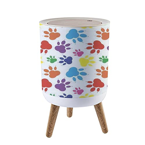 Small Trash Can with Lid Paw Seamless colored silhouettes of paw cats feet dogs footprint Garbage Bin Wood Waste Bin Press Cover Round Wastebasket for Bathroom Bedroom Kitchen 7L/1.8 Gallon