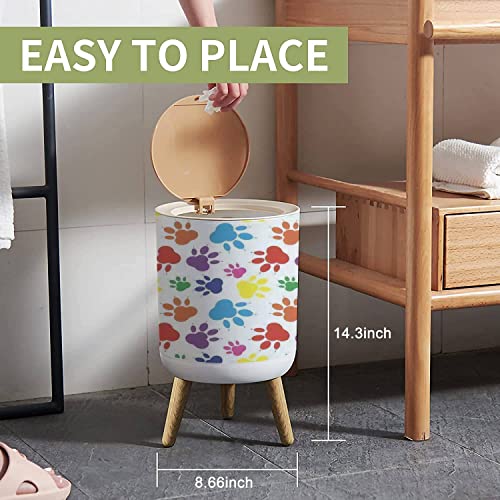 Small Trash Can with Lid Paw Seamless colored silhouettes of paw cats feet dogs footprint Garbage Bin Wood Waste Bin Press Cover Round Wastebasket for Bathroom Bedroom Kitchen 7L/1.8 Gallon