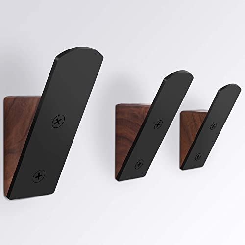 Alxuses Wall Hooks for Hanging - Coat Hooks Wall Mounted - 3 Pack - Towel Hook - Black Walnut Wood Black Metal Hooks - Modern Wall Hook Holder for Hanging Coats, Hats, Bags