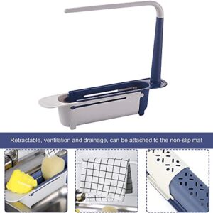 GDSAFS Updated Telescopic Sink Storage Rack, Adjustable Length Drainer Sink Storage Tray Sponge Soap Holder with Dishcloth Hanger Expandable Storage Drain Basket for Home Kitchen (Blue)