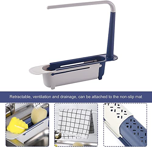 GDSAFS Updated Telescopic Sink Storage Rack, Adjustable Length Drainer Sink Storage Tray Sponge Soap Holder with Dishcloth Hanger Expandable Storage Drain Basket for Home Kitchen (Blue)