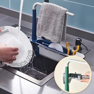 GDSAFS Updated Telescopic Sink Storage Rack, Adjustable Length Drainer Sink Storage Tray Sponge Soap Holder with Dishcloth Hanger Expandable Storage Drain Basket for Home Kitchen (Blue)