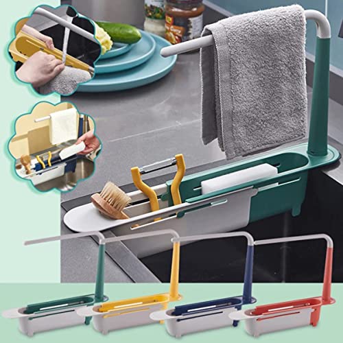 GDSAFS Updated Telescopic Sink Storage Rack, Adjustable Length Drainer Sink Storage Tray Sponge Soap Holder with Dishcloth Hanger Expandable Storage Drain Basket for Home Kitchen (Blue)