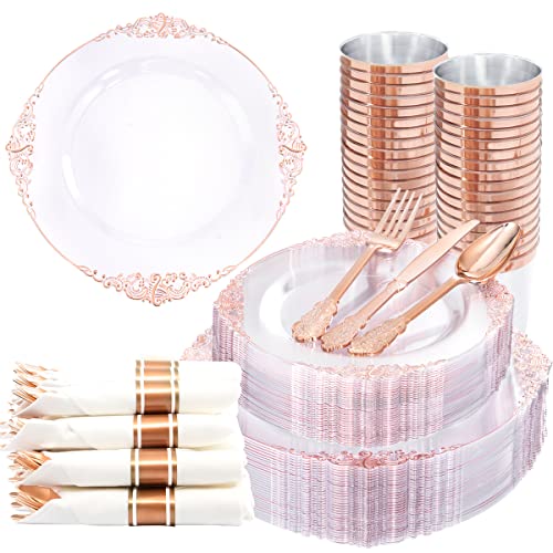 Nervure 350PCS Rose Gold Plastic Plates - Clear Rose Gold Disposable Plates for 50Guests - 50Dinner Plates, 50Dessert Plates, 150Rose Gold Silverware, 50Cups, 50Rolled Napkins for Wedding & Party