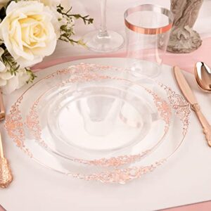 Nervure 350PCS Rose Gold Plastic Plates - Clear Rose Gold Disposable Plates for 50Guests - 50Dinner Plates, 50Dessert Plates, 150Rose Gold Silverware, 50Cups, 50Rolled Napkins for Wedding & Party