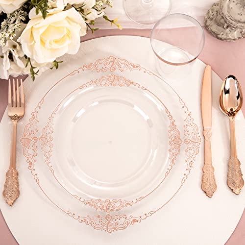 Nervure 350PCS Rose Gold Plastic Plates - Clear Rose Gold Disposable Plates for 50Guests - 50Dinner Plates, 50Dessert Plates, 150Rose Gold Silverware, 50Cups, 50Rolled Napkins for Wedding & Party