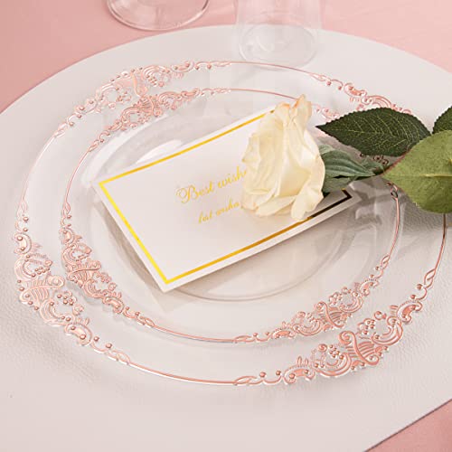 Nervure 350PCS Rose Gold Plastic Plates - Clear Rose Gold Disposable Plates for 50Guests - 50Dinner Plates, 50Dessert Plates, 150Rose Gold Silverware, 50Cups, 50Rolled Napkins for Wedding & Party