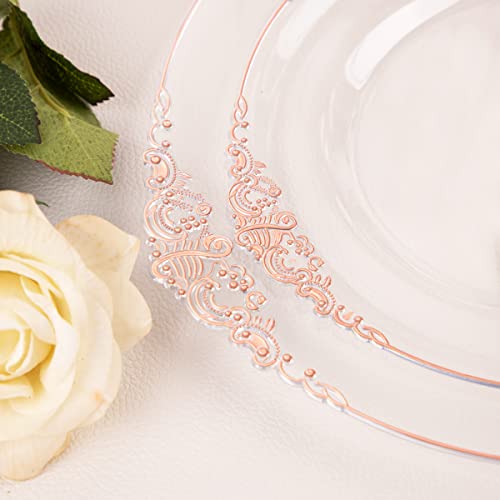 Nervure 350PCS Rose Gold Plastic Plates - Clear Rose Gold Disposable Plates for 50Guests - 50Dinner Plates, 50Dessert Plates, 150Rose Gold Silverware, 50Cups, 50Rolled Napkins for Wedding & Party