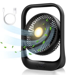 acekool battery operated fan, camping fan with night light, 3 speeds portable desk fan,135°rotation, rechargeable quiet table fan for office, bedroom, travel, camping (deep black)