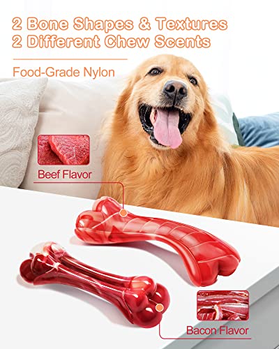 GEE BON 2 Pack Indestructible Dog Toys for Aggressive Chewers - Tough Dog Chew Toys for Aggressive Chewers Large Breed, Nylon Durable Dog Chew Bones with Bacon & Beef Flavor for Medium and Large Dogs